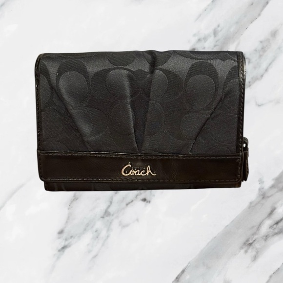 Coach | Bags | Coach Black Signature Jacquard Leather Trim Trifold ...